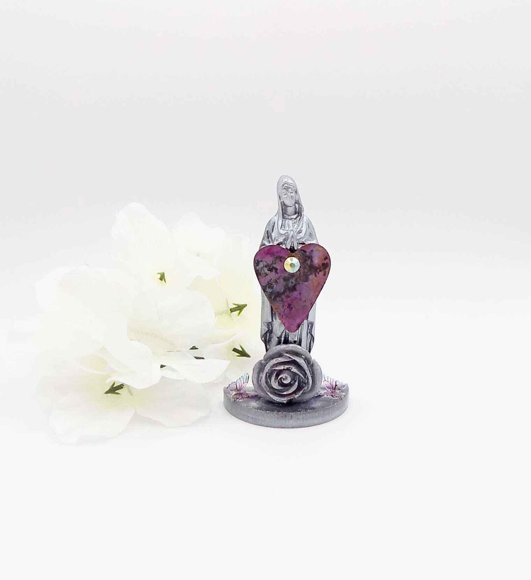 Virgin Mary Figurine Silver, Pink Virgin Mary With Heart Mini Virgin ...