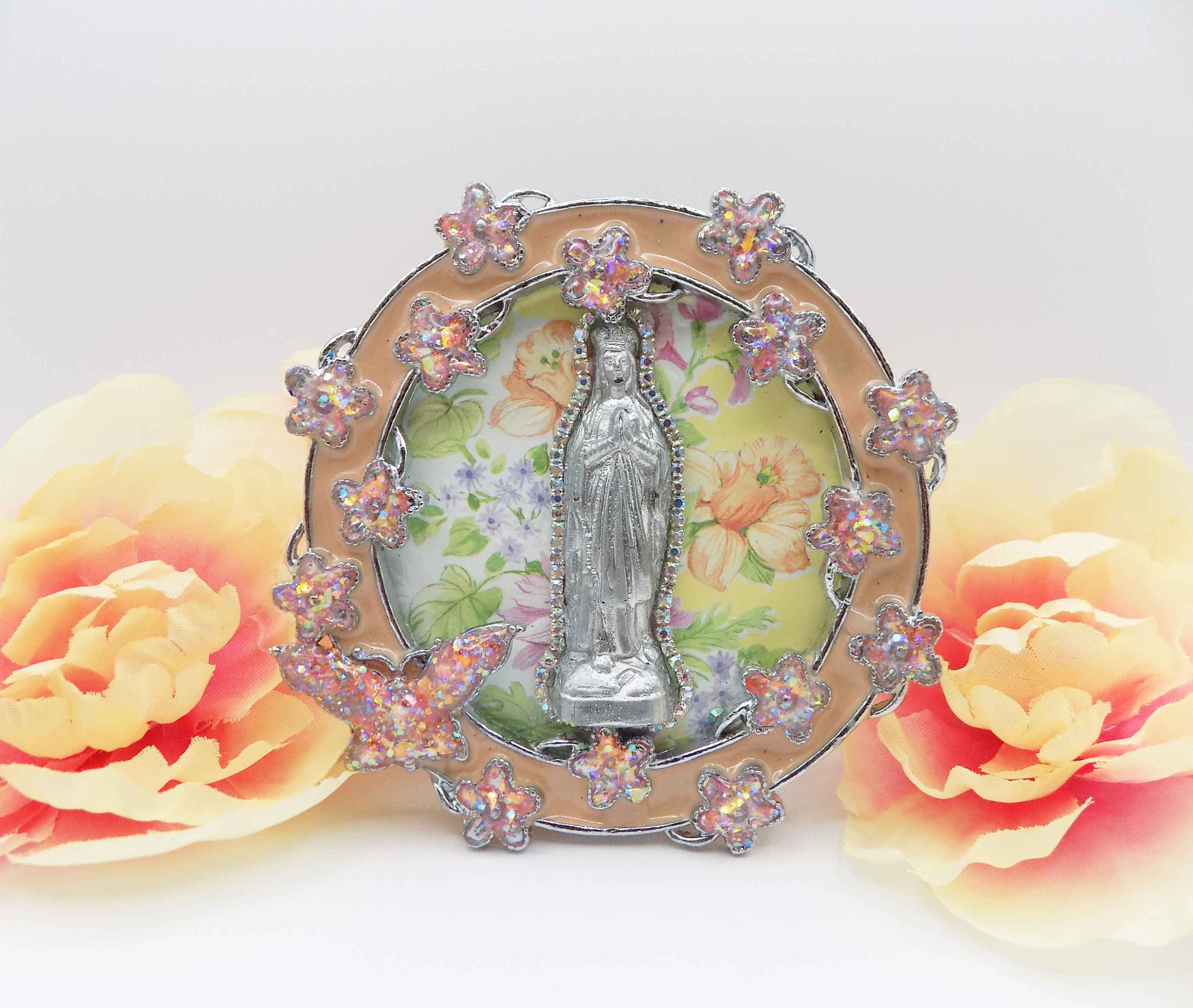 Virgin Mary Mini Shrine Enamel Frame, Table Top Shrine, Altar Religious ...