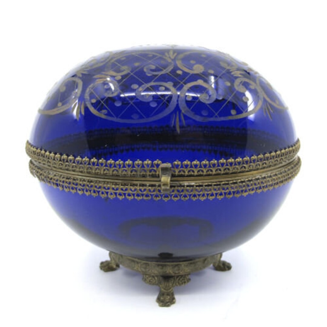 Large French Palais Royale Gilt Bronze Cobalt Glass Egg Casket Jewelry ...