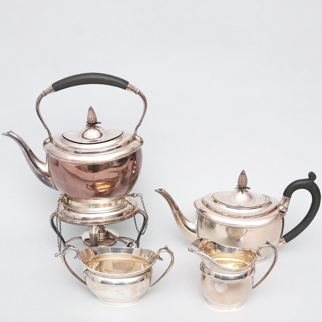 English Silverplate Tea Set Teapot Tilting Spirit Kettle Sugar Creamer ...