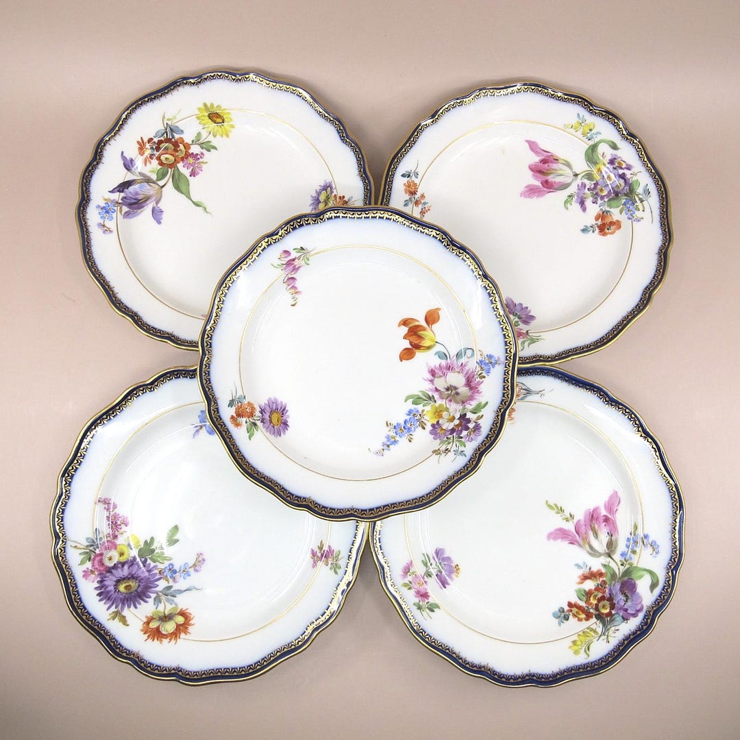 A Kante by MEISSEN C1924 5 Cake Plate Set Cobalt Floral Dessert Crossed ...