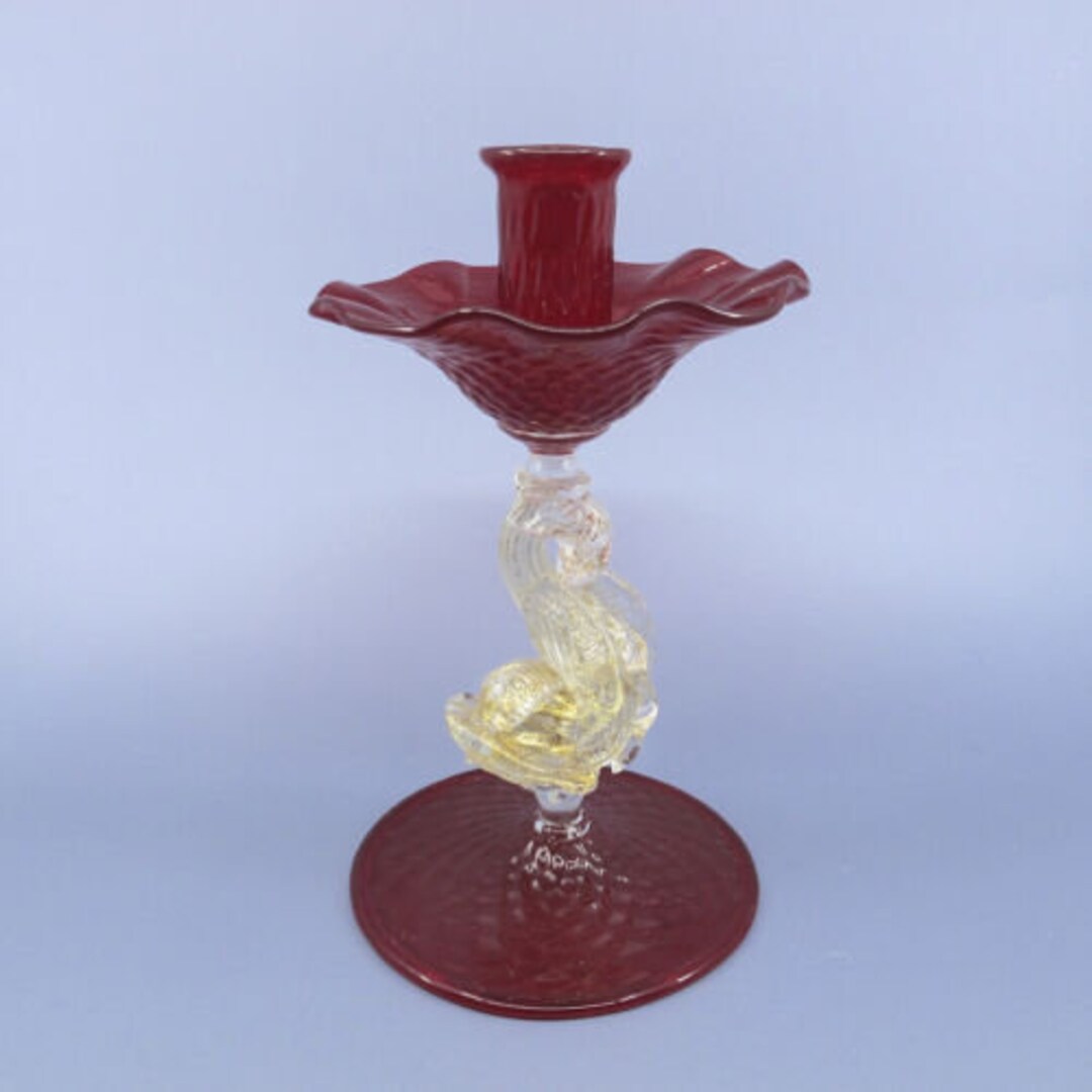 Murano 7" Candlestick Ruby Red Gold Fleck Dolphin Vtg Unsigned Seguso ...