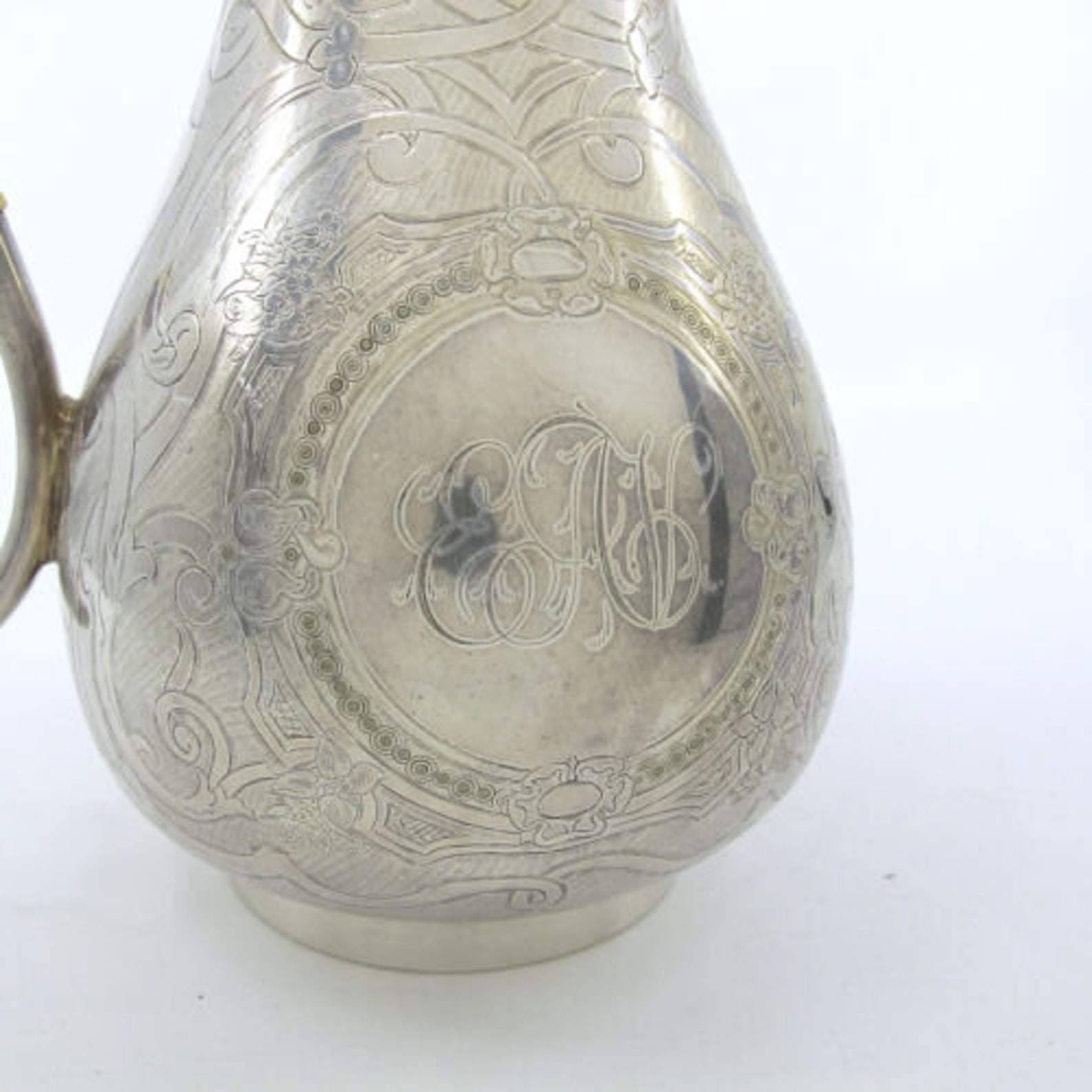 19C Antique Chased French Silverplate Claret Jug Hot Water Ewer Script ...