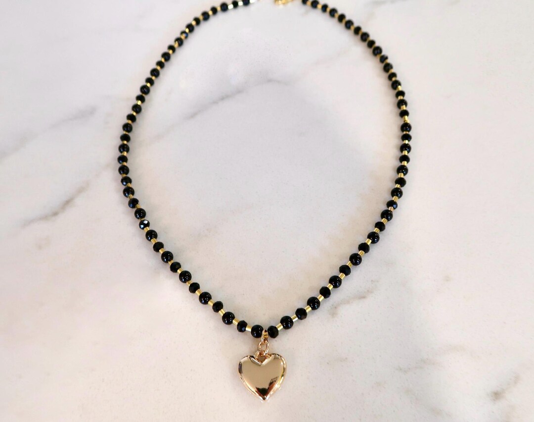 Black and Gold Beaded Necklace With 18K Gold Plated Heart Pendant - Etsy