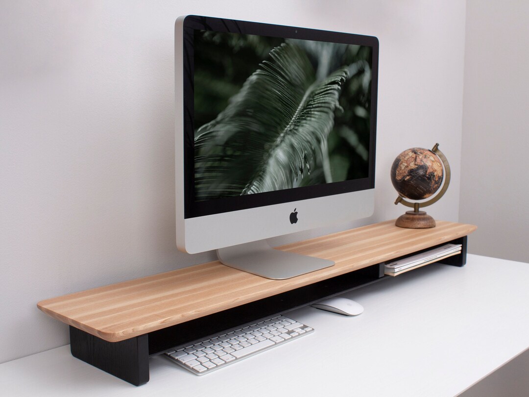 Wood Desk Monitor Stand With Solid Shelf Home Office Desk Setup Monitor ...