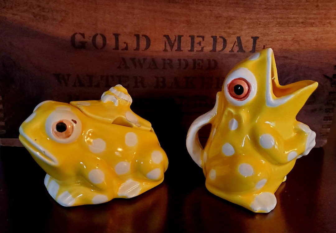 Vintage Frog Cream and Sugar Set 1970s Japan Yellow and White Polka Dot ...