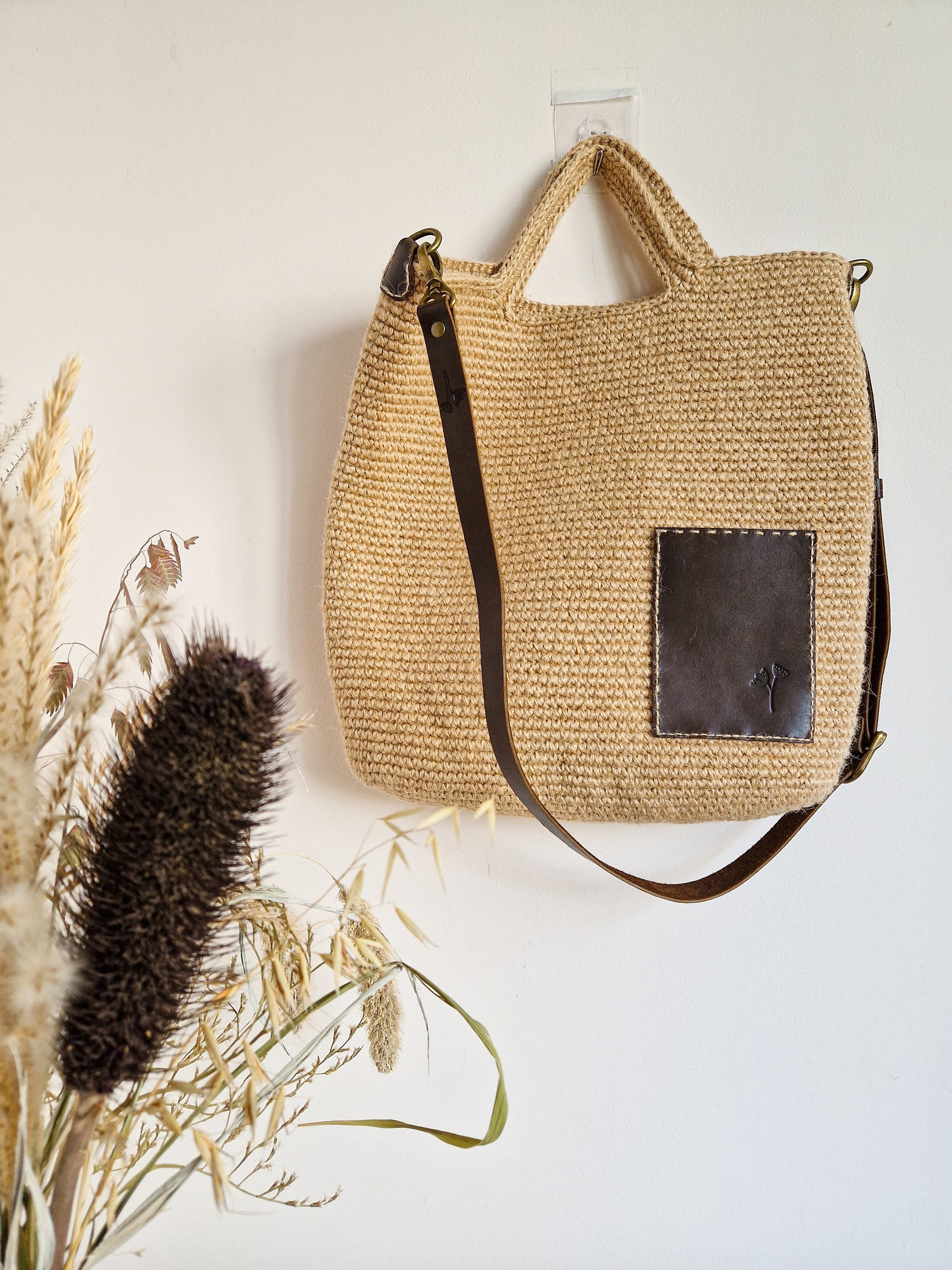 Organic Hemp Bag With a Leather Strap Natural Fiber Bag Jute Bag Hemp ...
