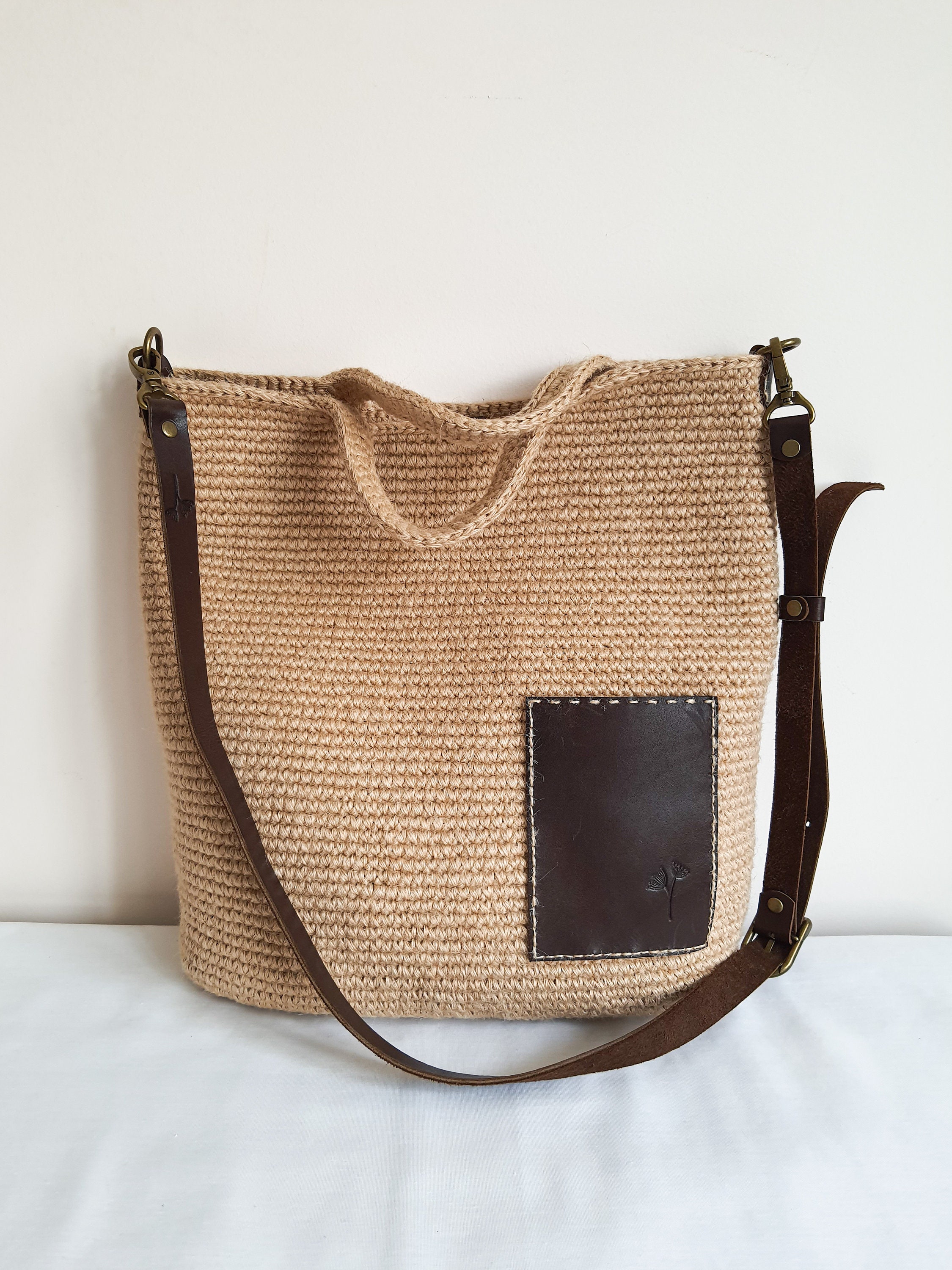 Organic Hemp Bag With a Leather Strap Natural Fiber Bag Jute Bag Hemp ...