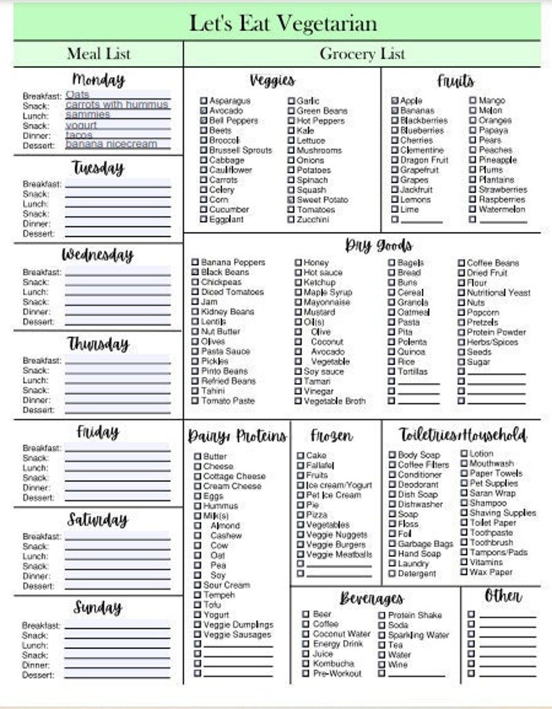 Vegetarian Grocery List - Etsy