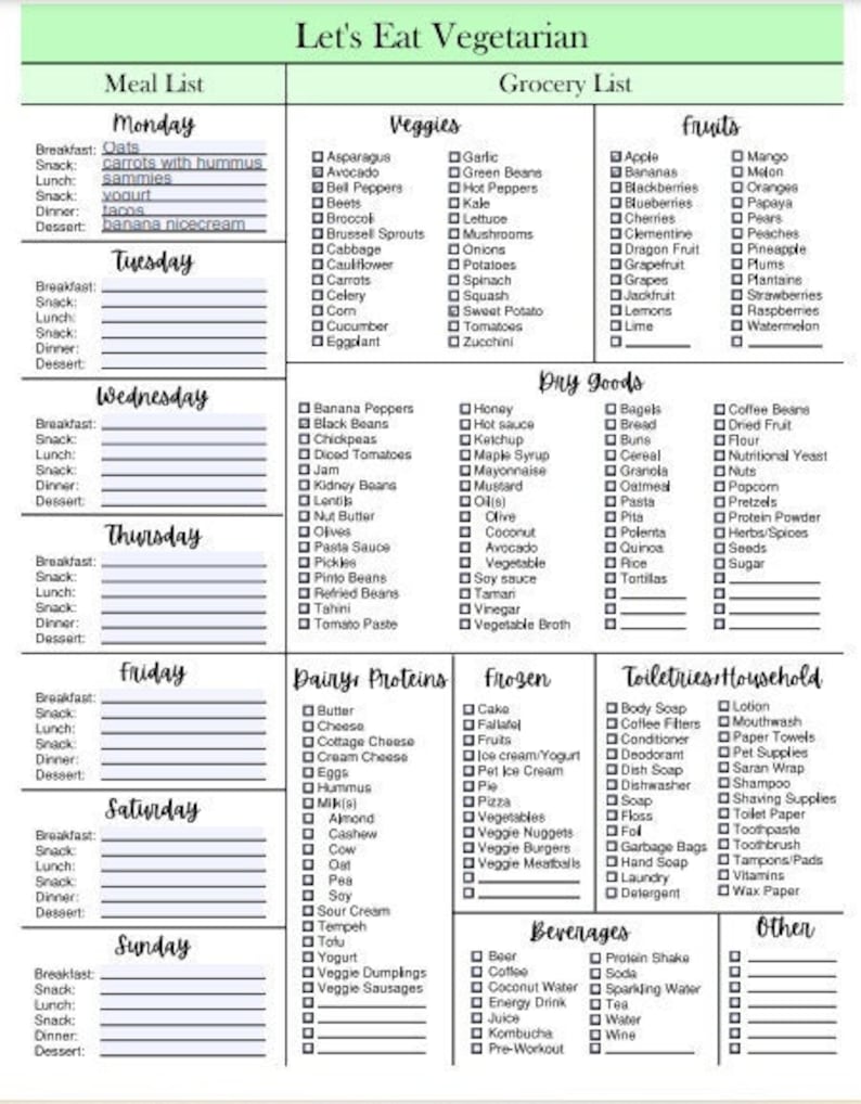 Vegetarian Grocery List - Etsy