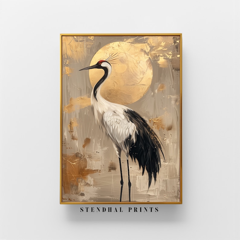 Golden Moon and Elegant Bird Wall Art "moonlit Crane" Art Print ...