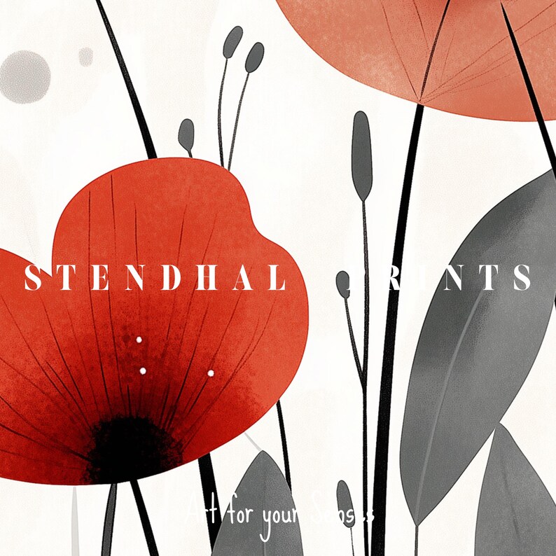 Minimalist Floral Art Print | Red and Gray Poppies | Elegant Botanical ...