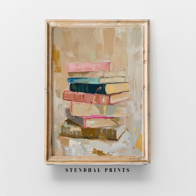 Timeless Tales Art Print | Abstract Book Stack Painting | Cozy Literary ...