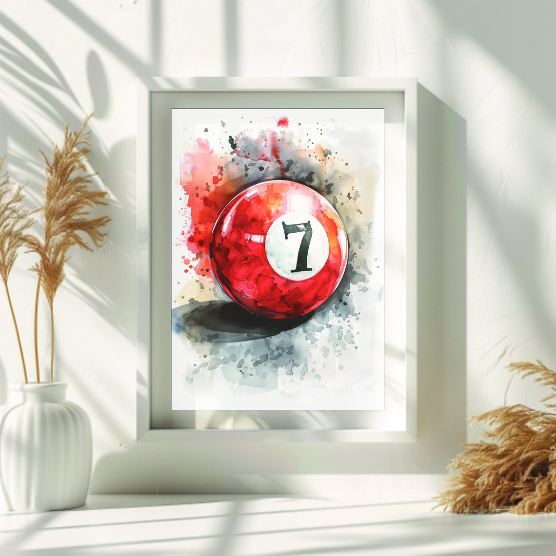 Watercolor Billiard Decor | "crimson Pool Ball" Art Print | Red Number ...