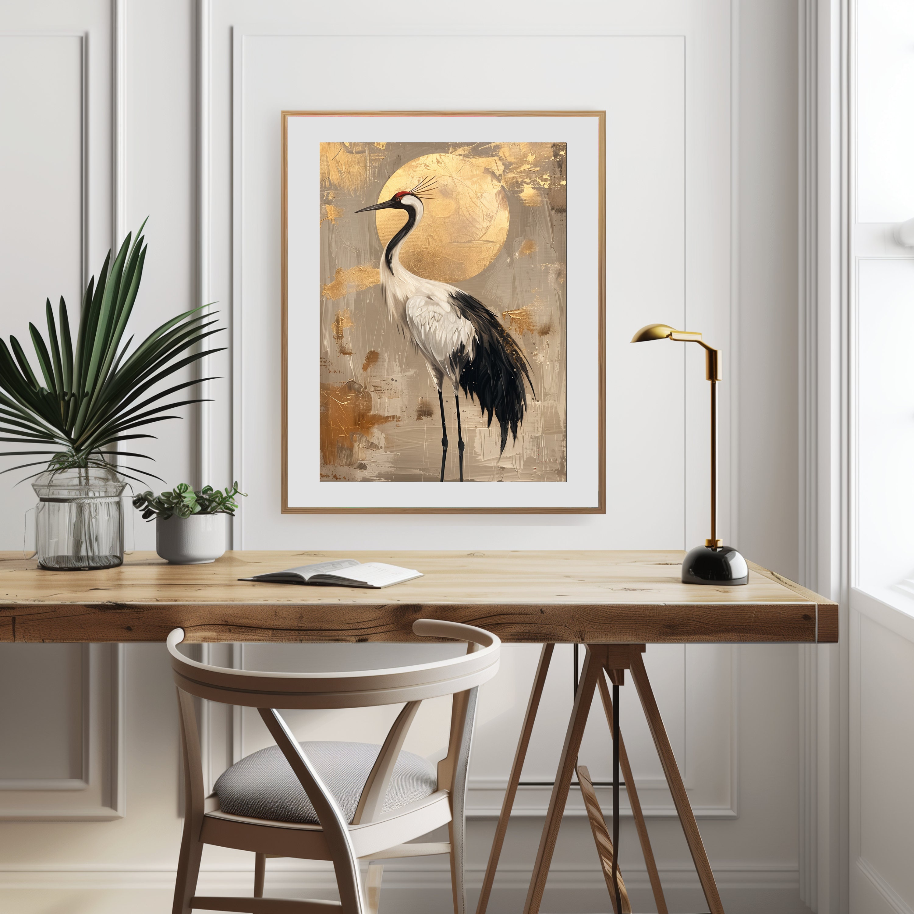 Golden Moon and Elegant Bird Wall Art "moonlit Crane" Art Print ...