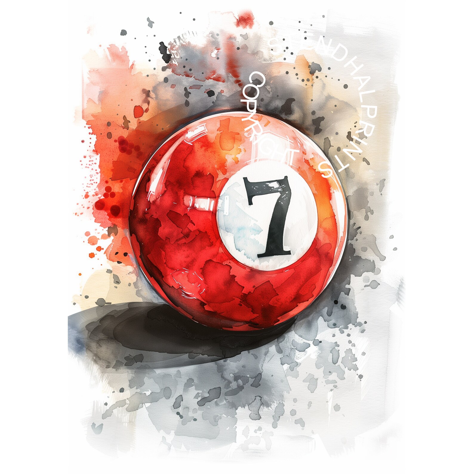 Watercolor Billiard Decor | "crimson Pool Ball" Art Print | Red Number ...
