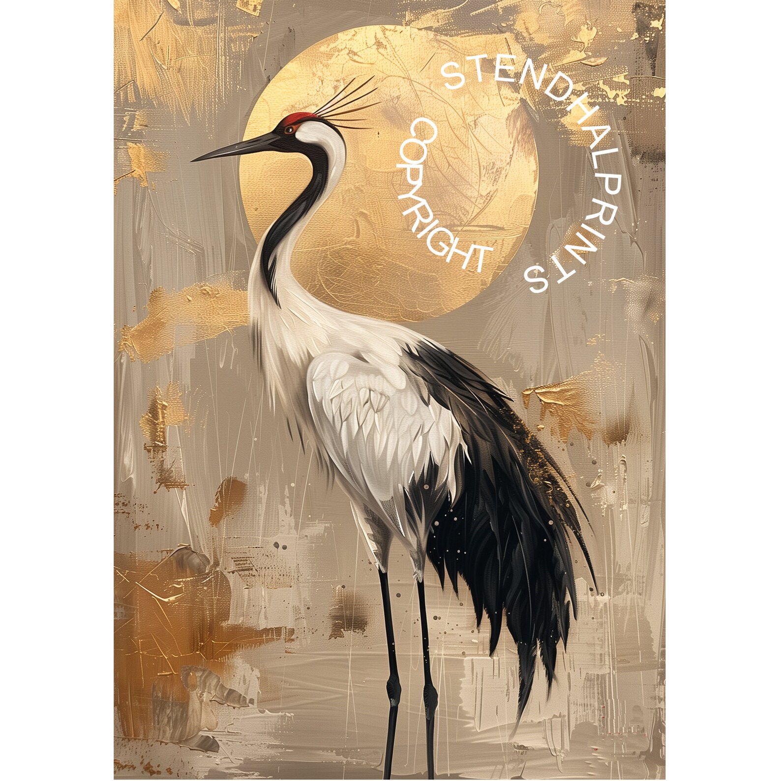 Golden Moon and Elegant Bird Wall Art "moonlit Crane" Art Print ...