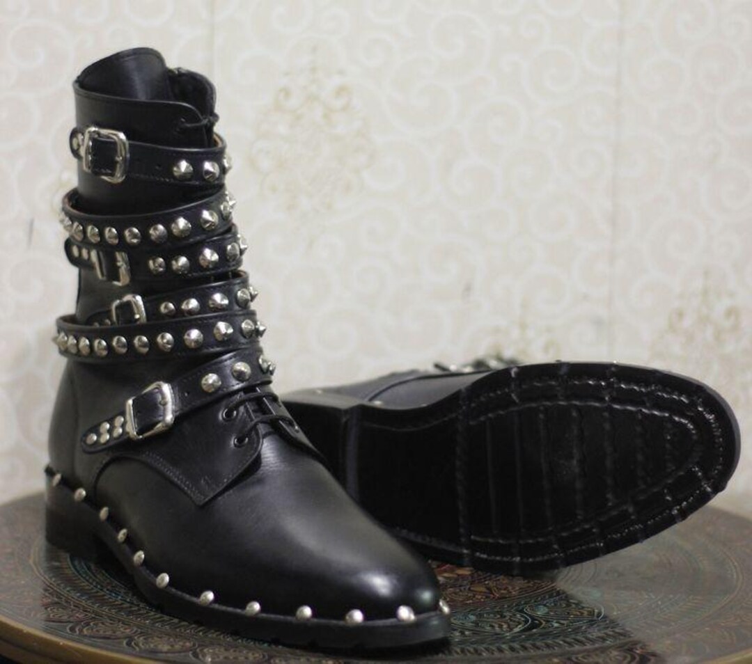 Men's Genuine Black Leather Stem Punk Bikers Ankle High Long Boots - Etsy