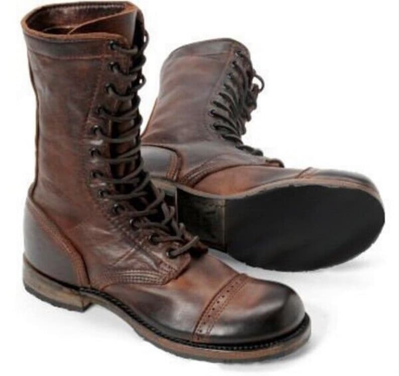 Men's Genuine Leather Brown Long Ankle High Military Combat Boots - Etsy