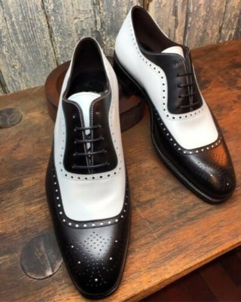 Men's Genuine Black & White Leather Wingtip Oxford Dress Formal Shoes ...
