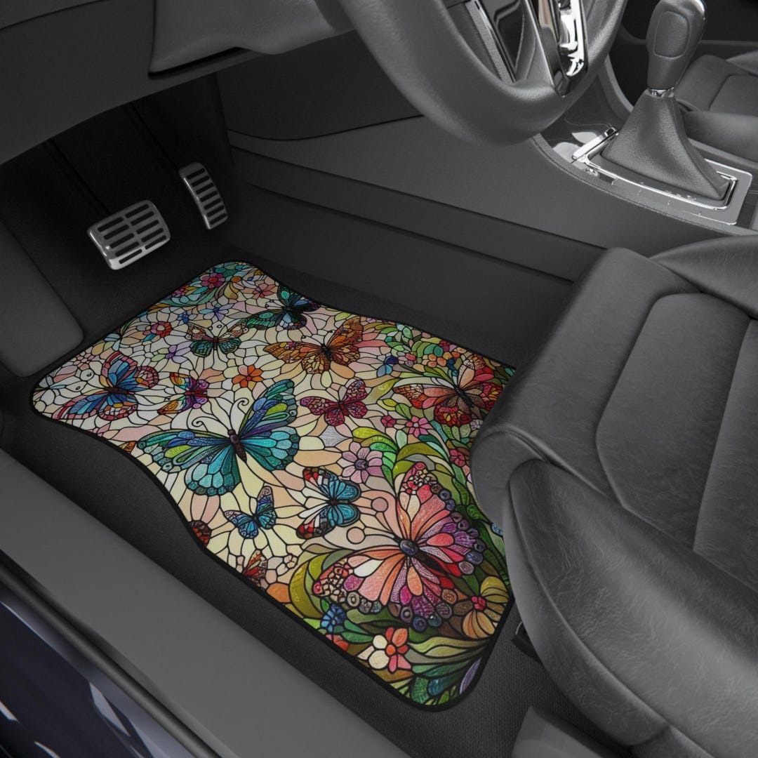 Stained Glass Butterfly Car Accessories Set: Sunshade, Coasters & Mats ...