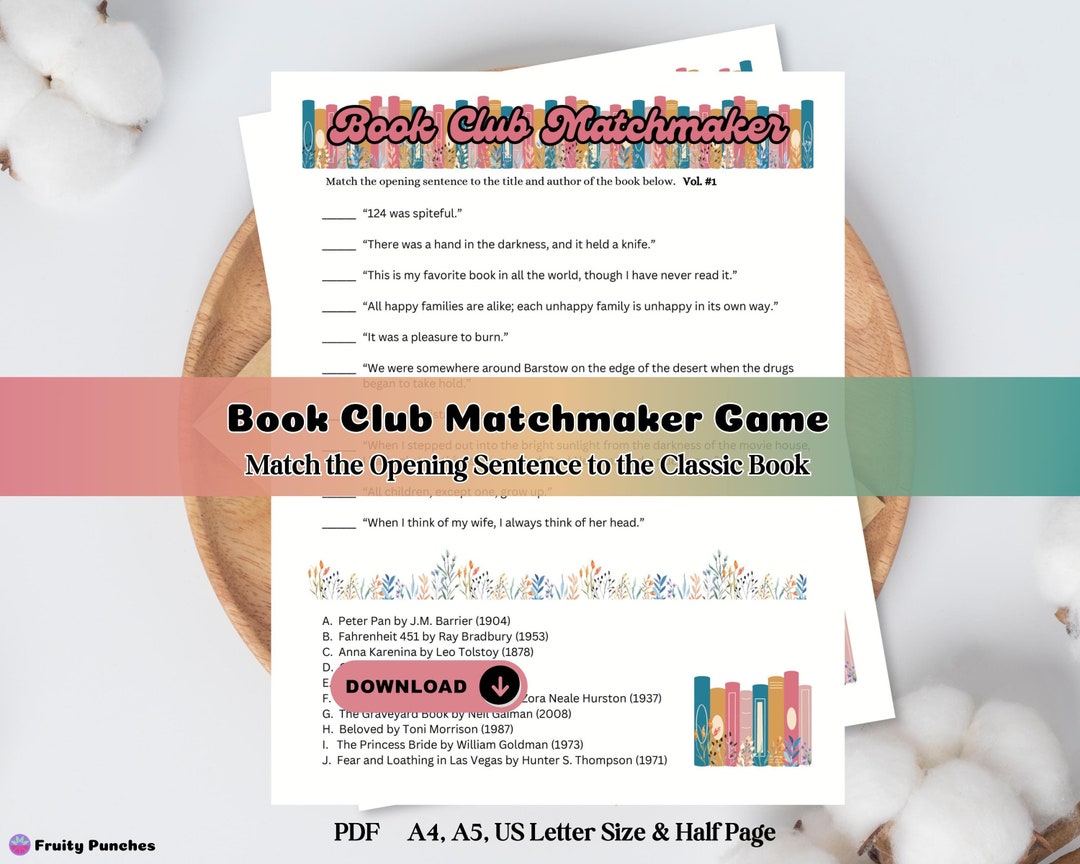 Book Club Matchmaker Game, Matching Opening Sentence to the Book ...