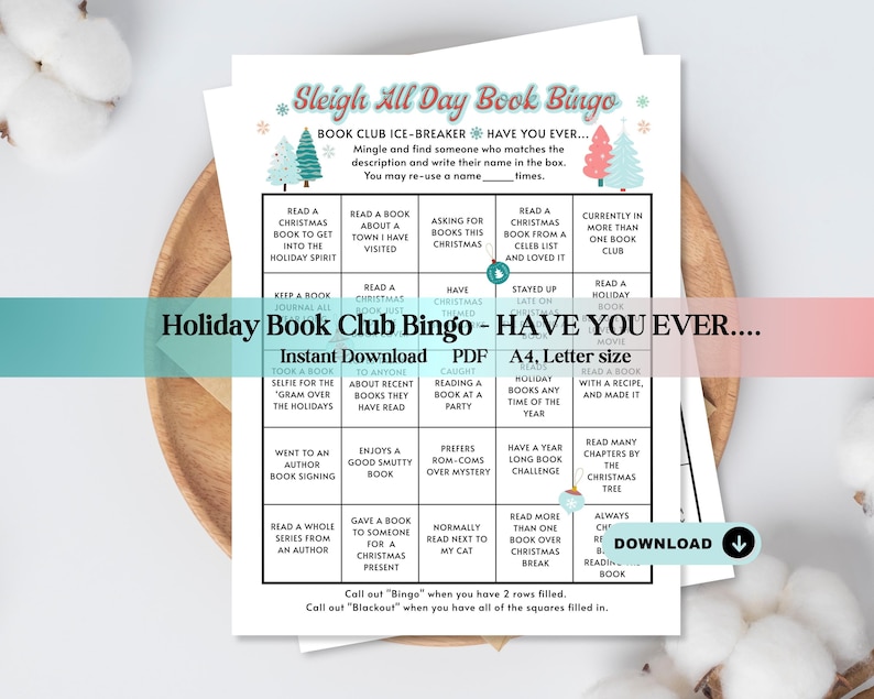 Book Club Icebreaker Game Holiday Theme, Have You Ever, Book Club Bingo ...