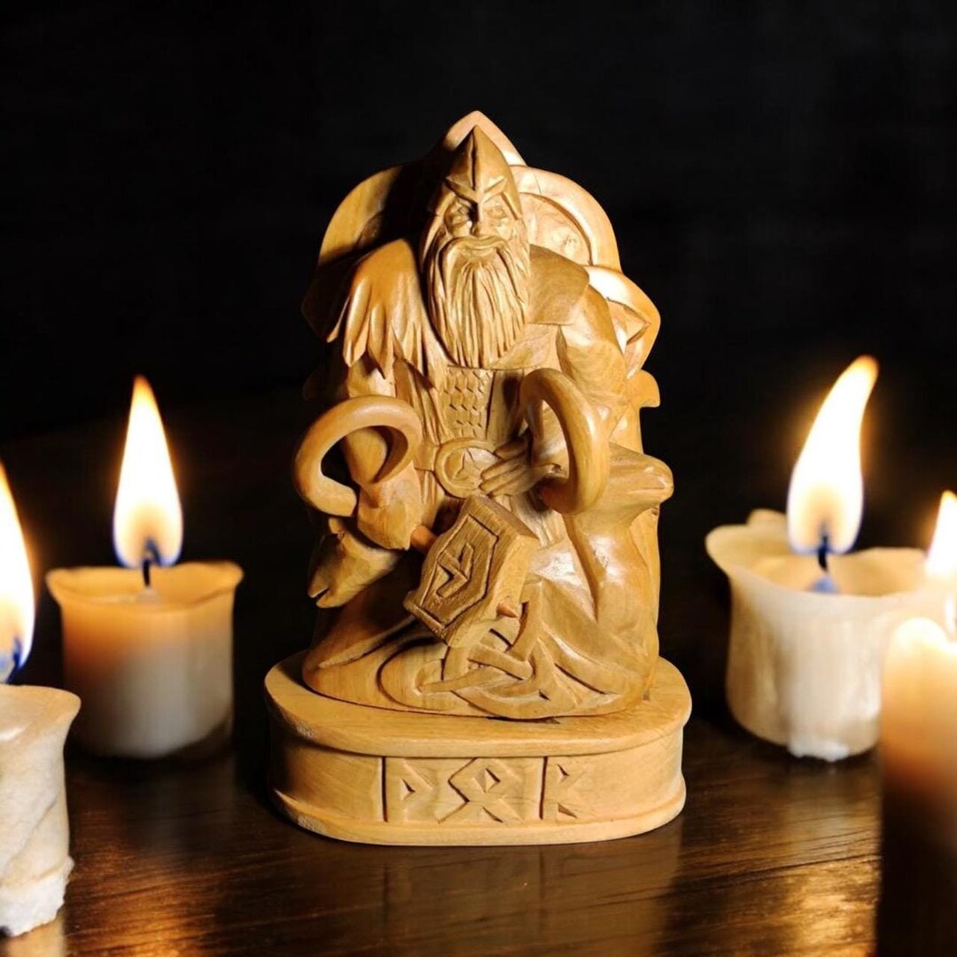 Thor Statue Mjollnir Ragnarok Norse Gods Wood Carving Altar Heathen ...