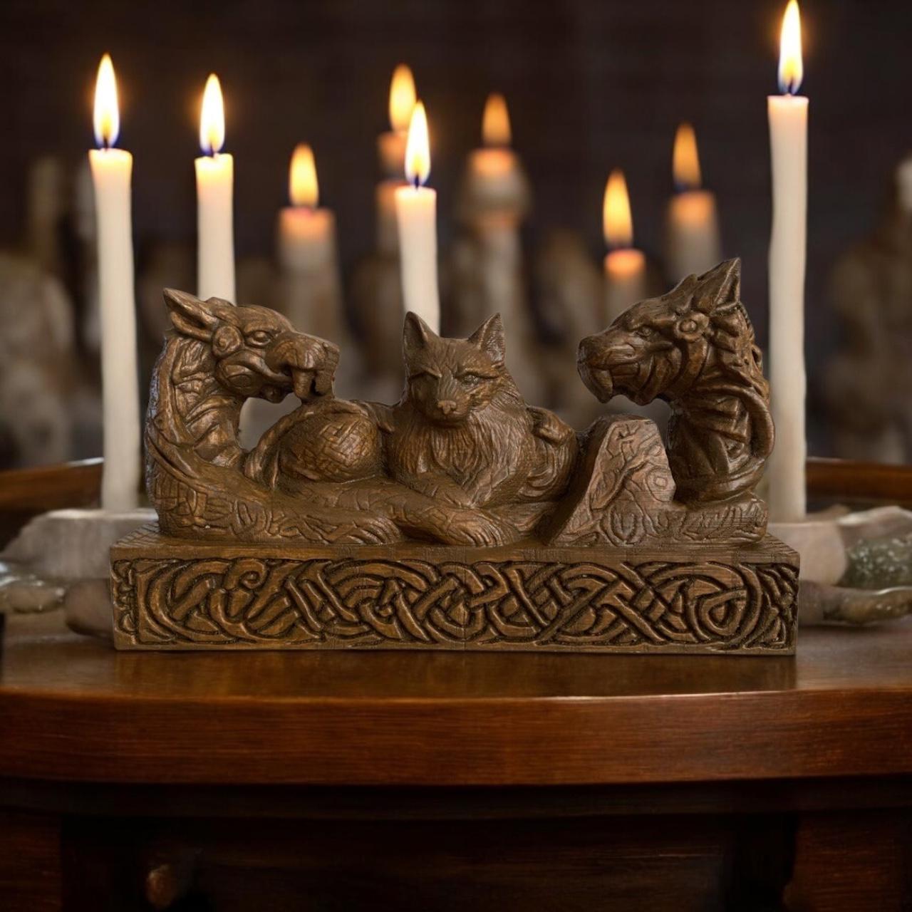 Fenrir Wolf Wooden Altar Statue Viking Nordic Pagan Decor Fenrir Norse ...