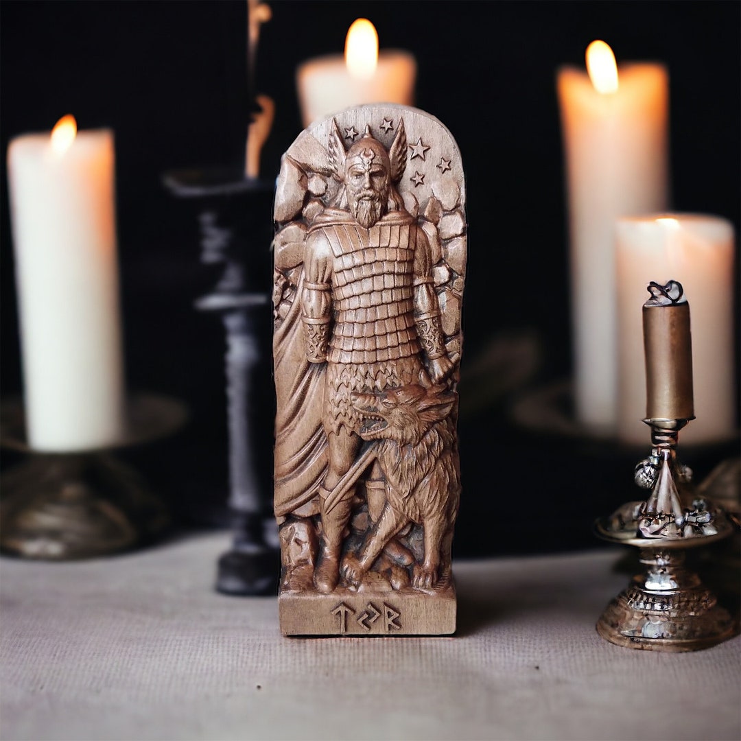 Tyr God Viking God Wood Carved Statue Pagan Paganism Fenrir Odin God ...