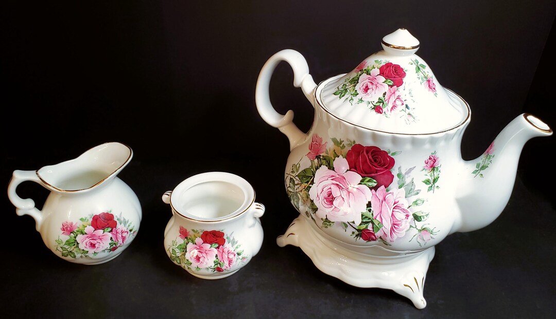 Vintage Pink Red Roses Fine English China Staffordshire Teapot 5pc Set ...
