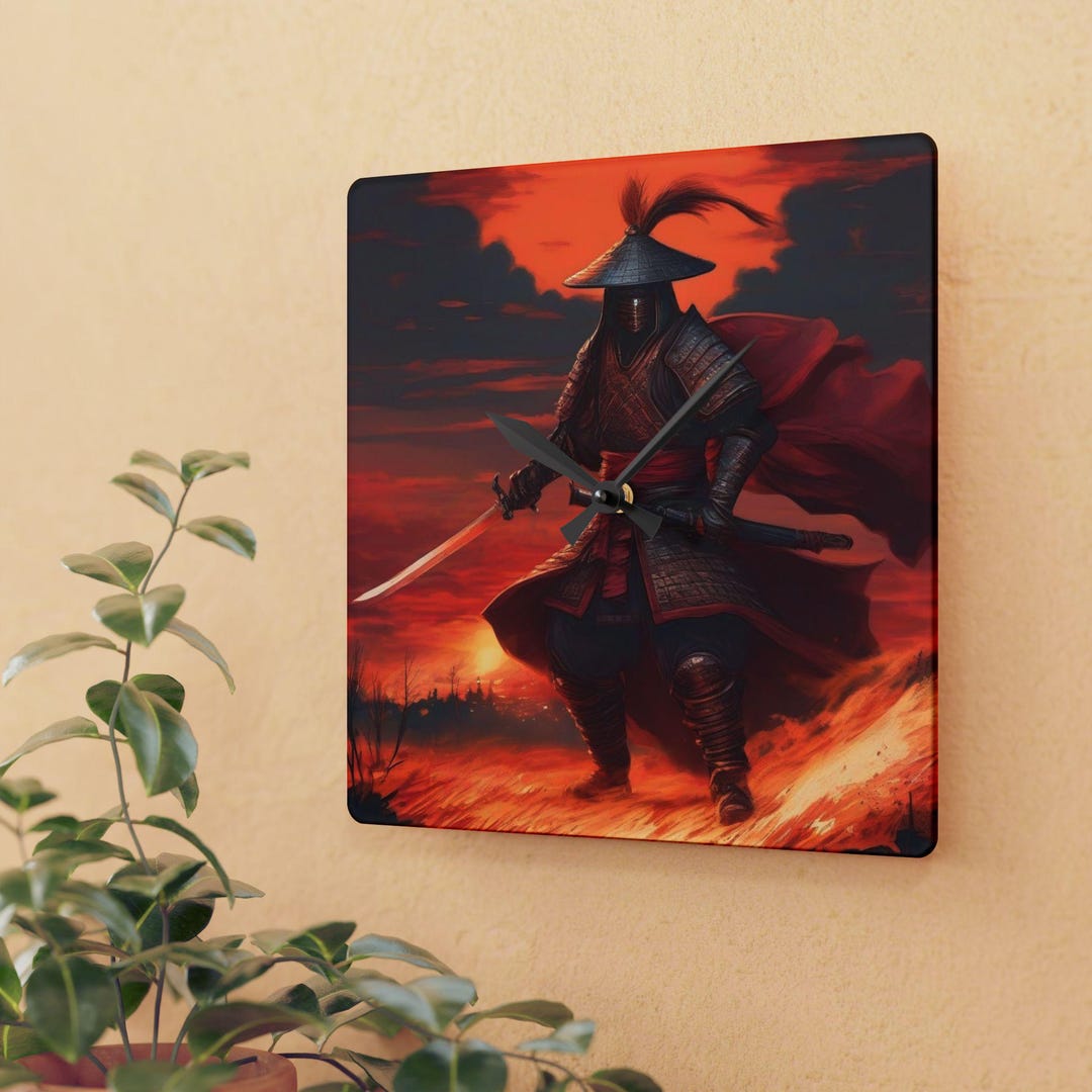 Samurai Warrior Portrait Acrylic Wall Clock, Red Sunset Sword, Far East ...