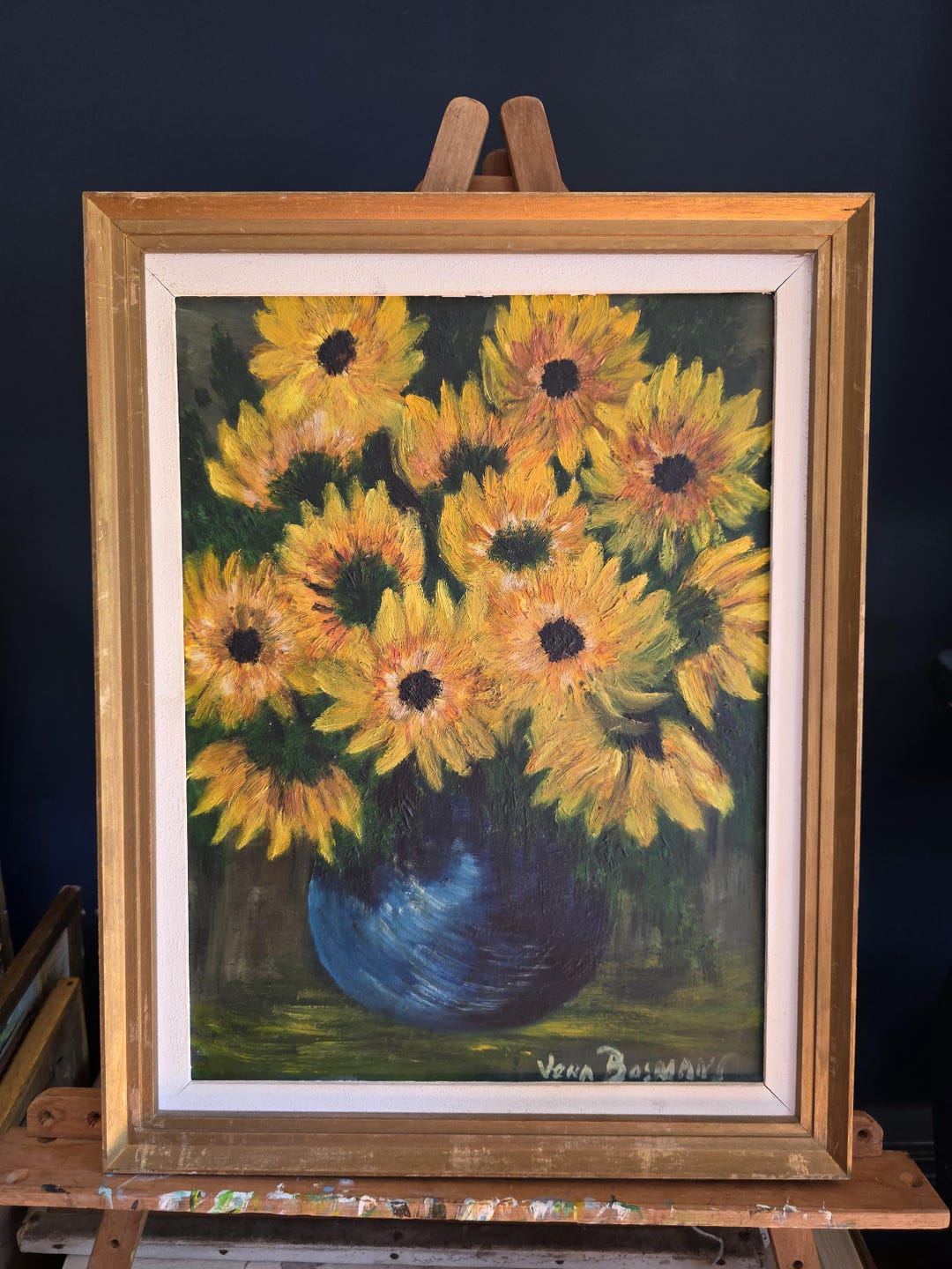 Vintage Original Dutch Oil Painting, of Sunflowers in a Blue Vase ...