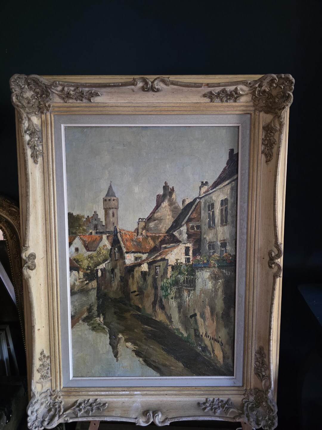 Antique Oil on Canvas of an Old Flemish Town Scene by a Canal. H 28" X ...