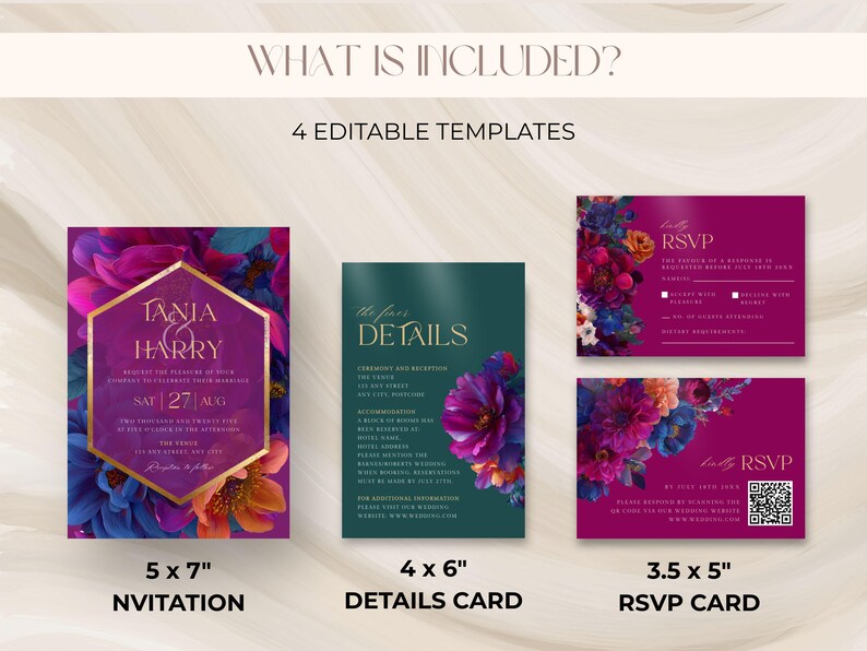 Floral Jewel Tone Wedding Invitation Suite Template, Invitation Set ...