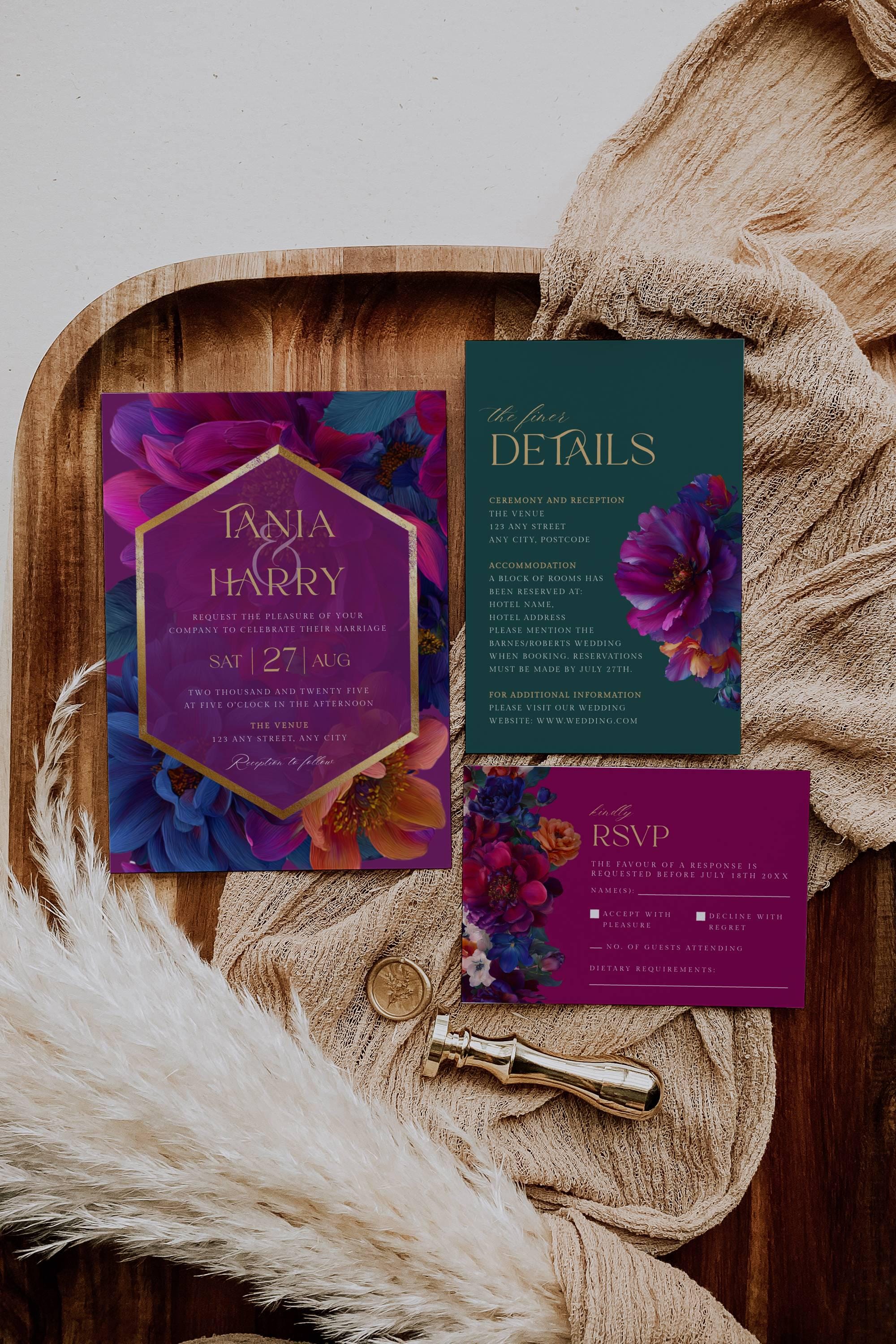 Floral Jewel Tone Wedding Invitation Suite Template, Invitation Set ...
