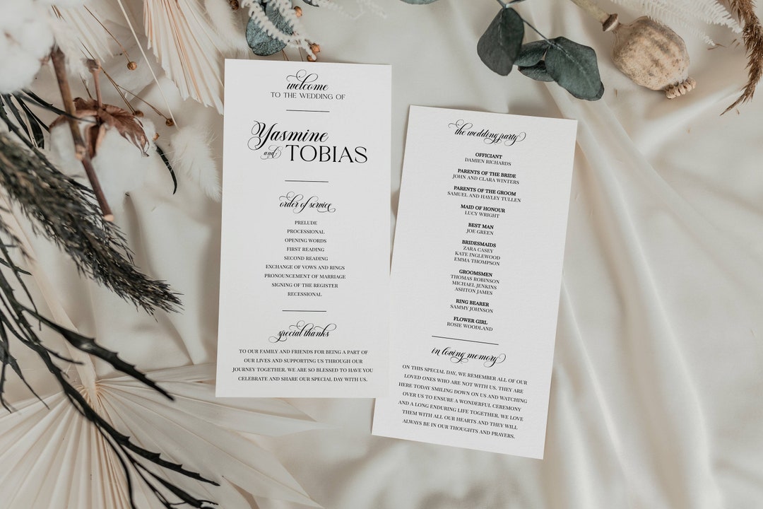 Slim Order of Service, 4x8", Printable Long Ceremony, Minimalist ...