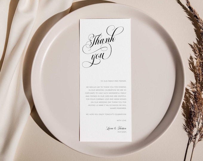 Minimalist Wedding Table Thank You Template, Thank You Napkin Note ...
