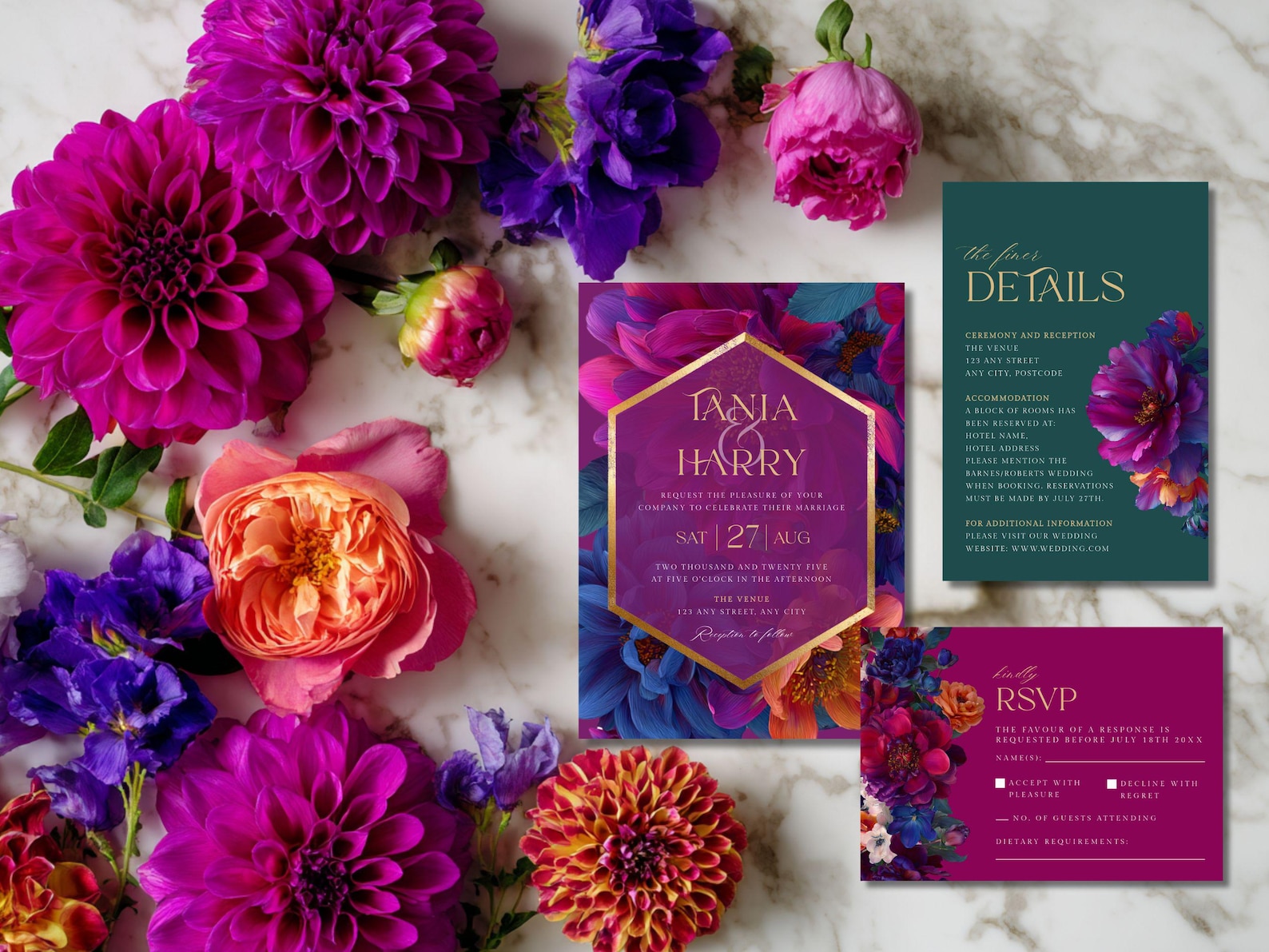Floral Jewel Tone Wedding Invitation Suite Template, Invitation Set ...