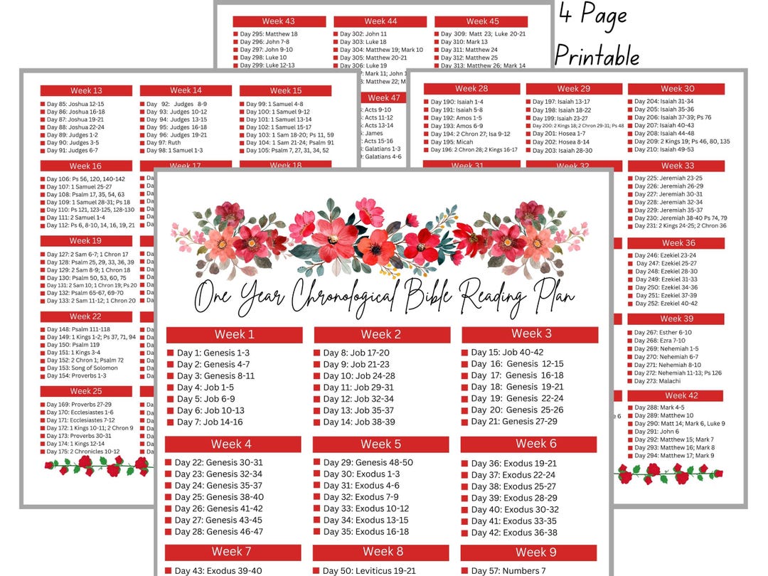One Year Bible Reading Checklist Printable Bible Plan Chronological 52 ...