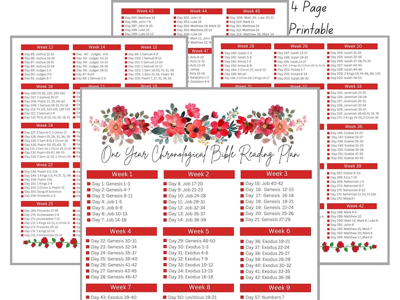 One Year Bible Reading Checklist Printable Bible Plan Chronological 52 ...
