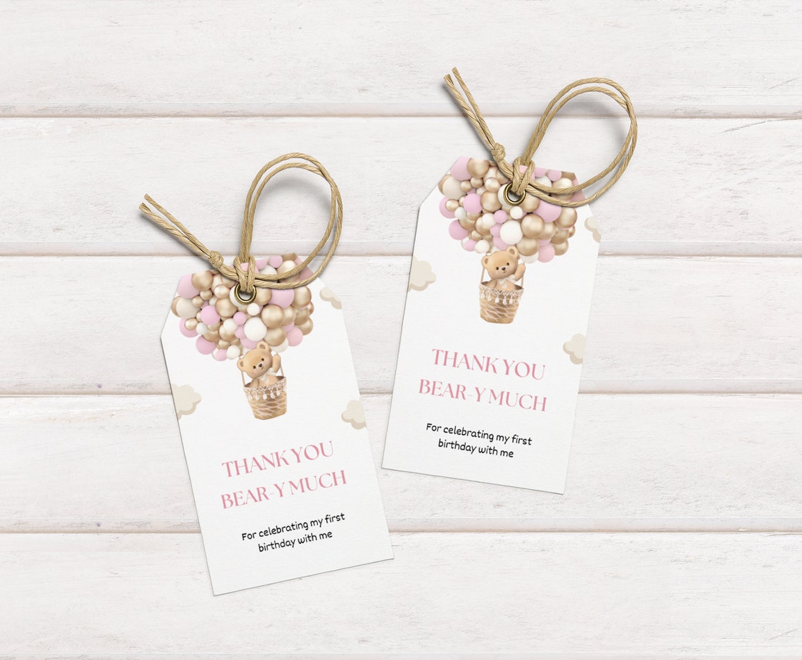 Editable Beary First Thank You Tag, Teddy Bear Hot Air Balloon Party ...