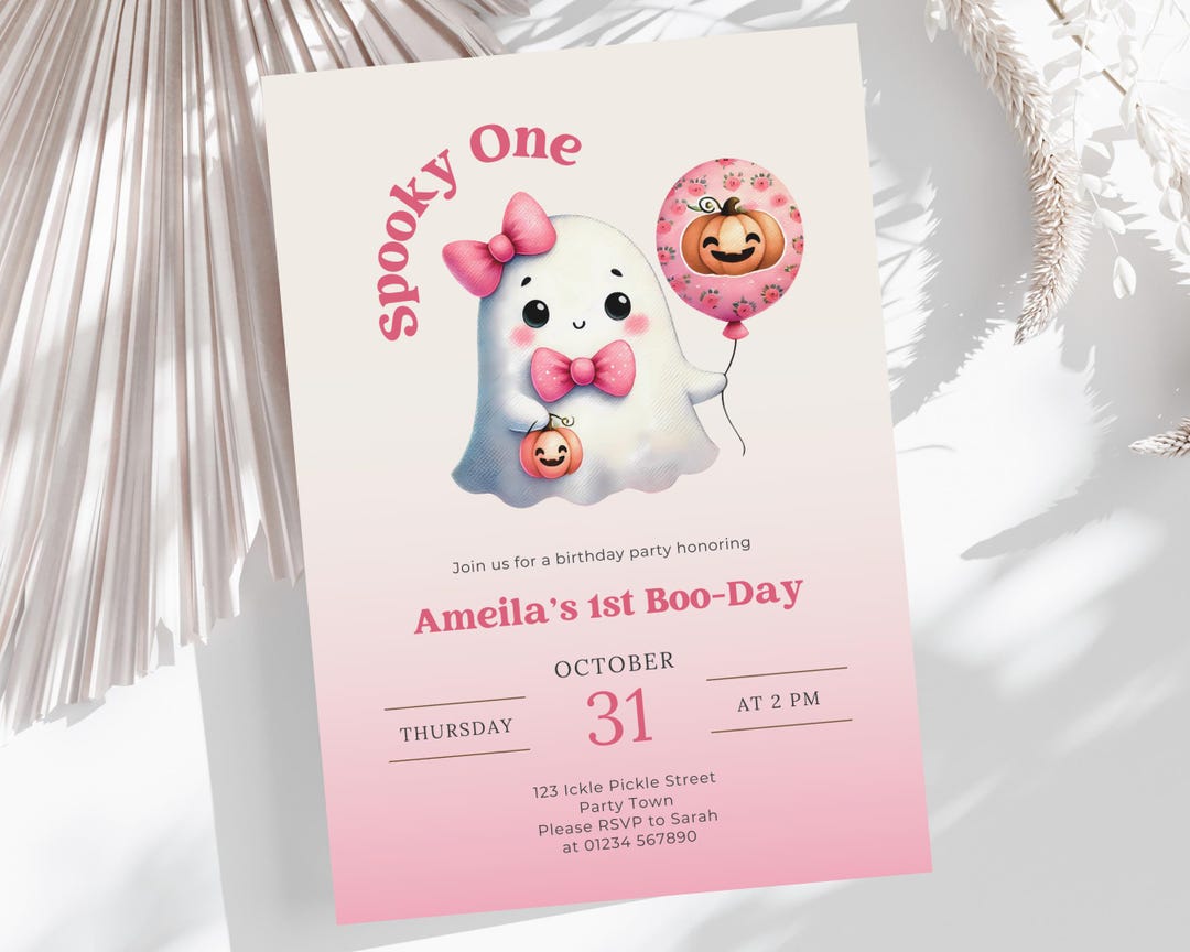 Editable Pink Ghost First Boo Day Halloween Invite, Ghost 1st Birthday ...
