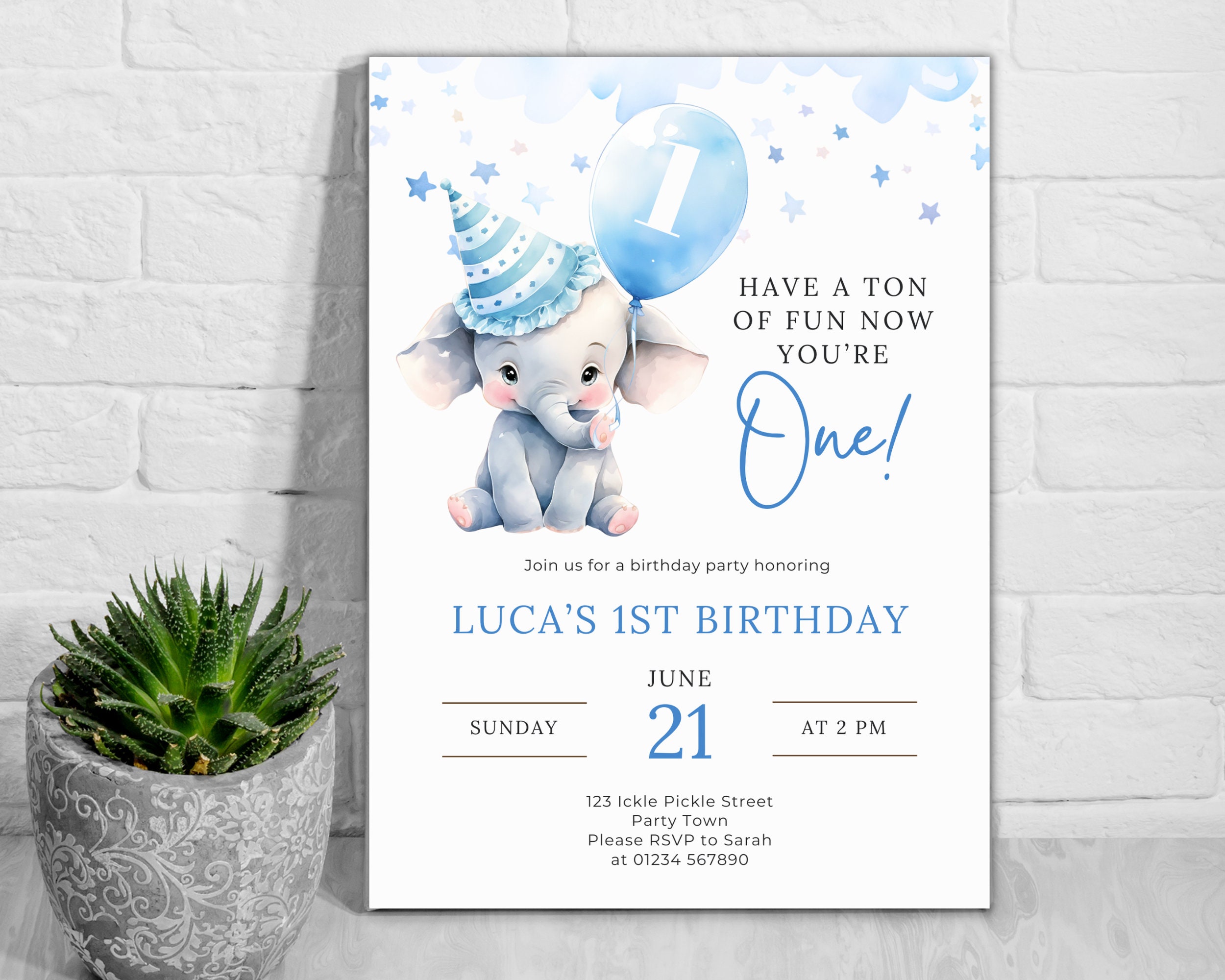 Editable Elephant Now Your One Invite , Blue Elephant 1st Boy Invite ...