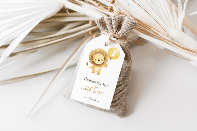Editable Lion First Thank You Tag, Wild One Birthday Favour Tag, Wild ...