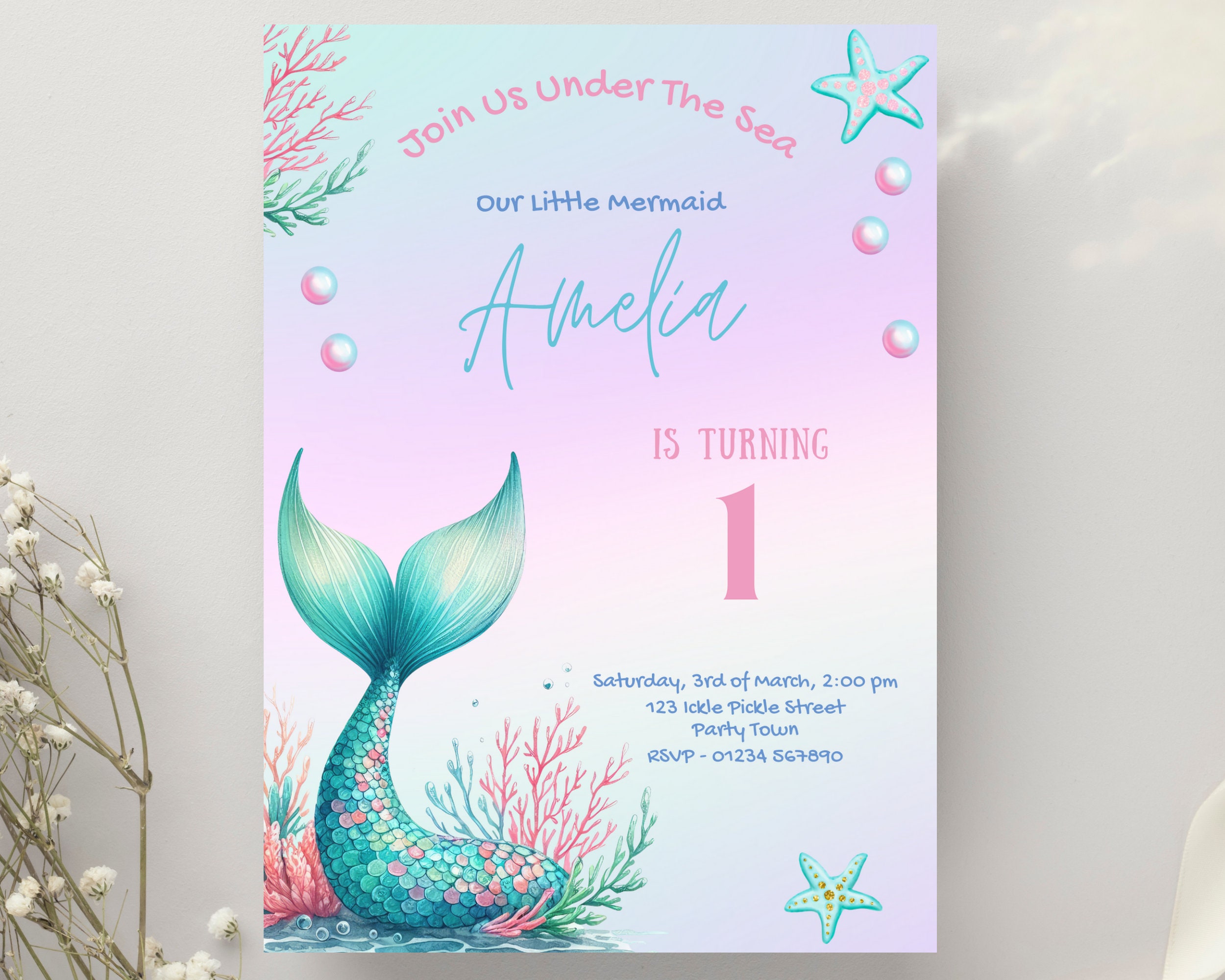 Editable Mermaid Birthday Invitation, Under the Sea Theme (instant ...
