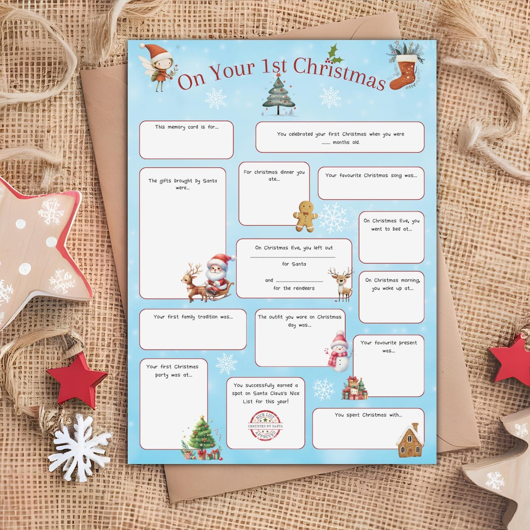 Editable Baby First Christmas Memory Card, Blue Christmas DIY Keepsake ...