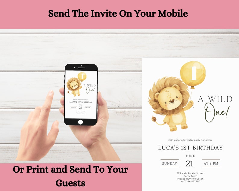 Editable Wild One Birthday Lion Invitation,yellow Lion 1st Boy Invite ...