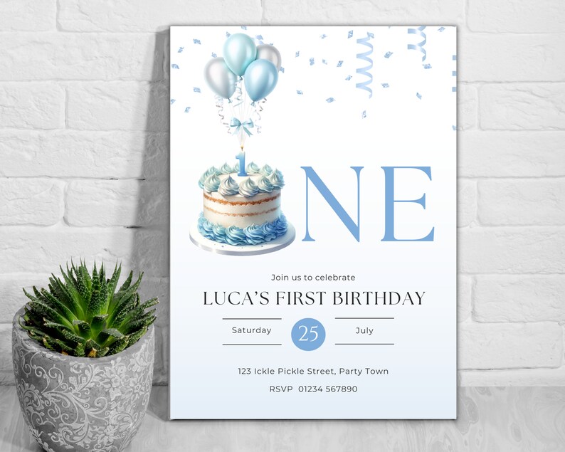 Editable 1st Birthday Boy Blue Cake Theme, 1st Birthday Invite, Light ...