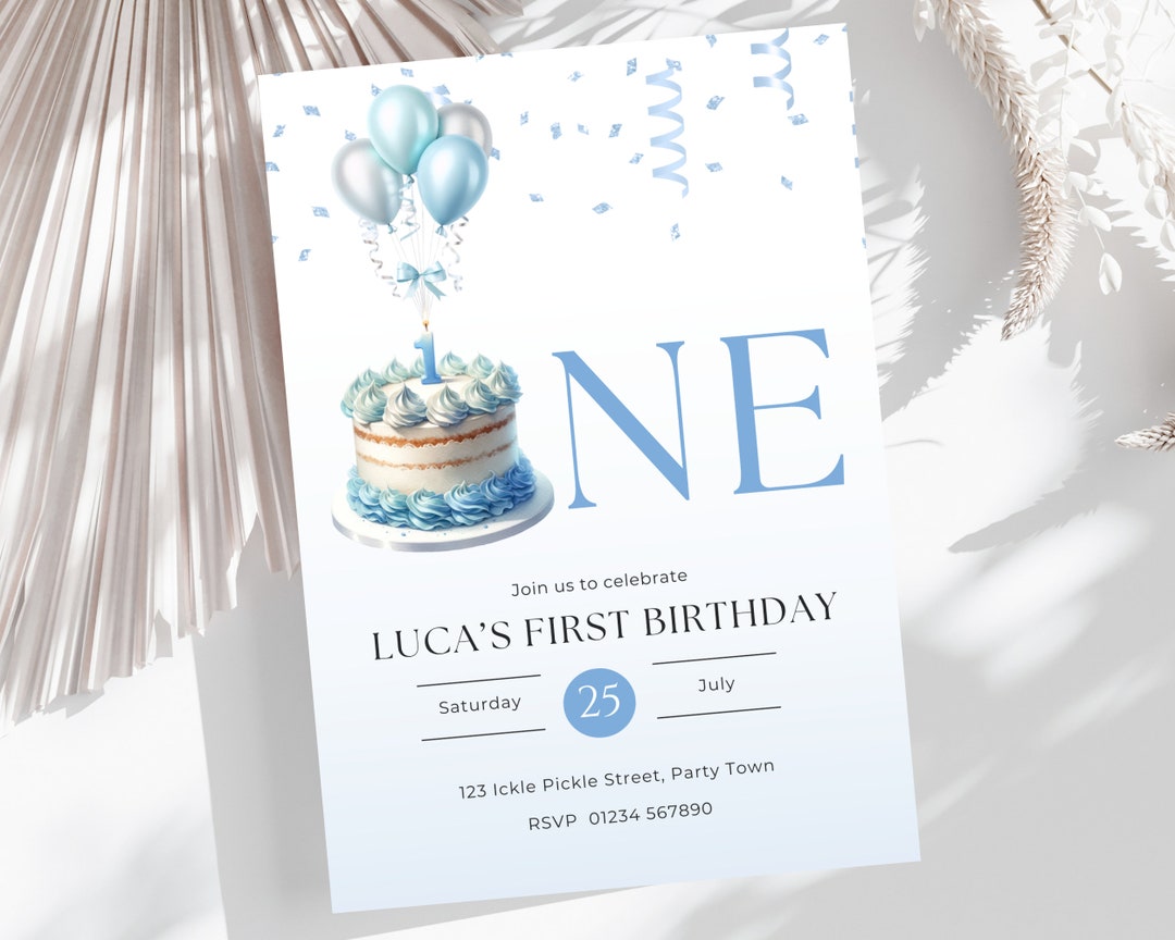 Editable 1st Birthday Boy Blue Cake Theme, 1st Birthday Invite, Light ...